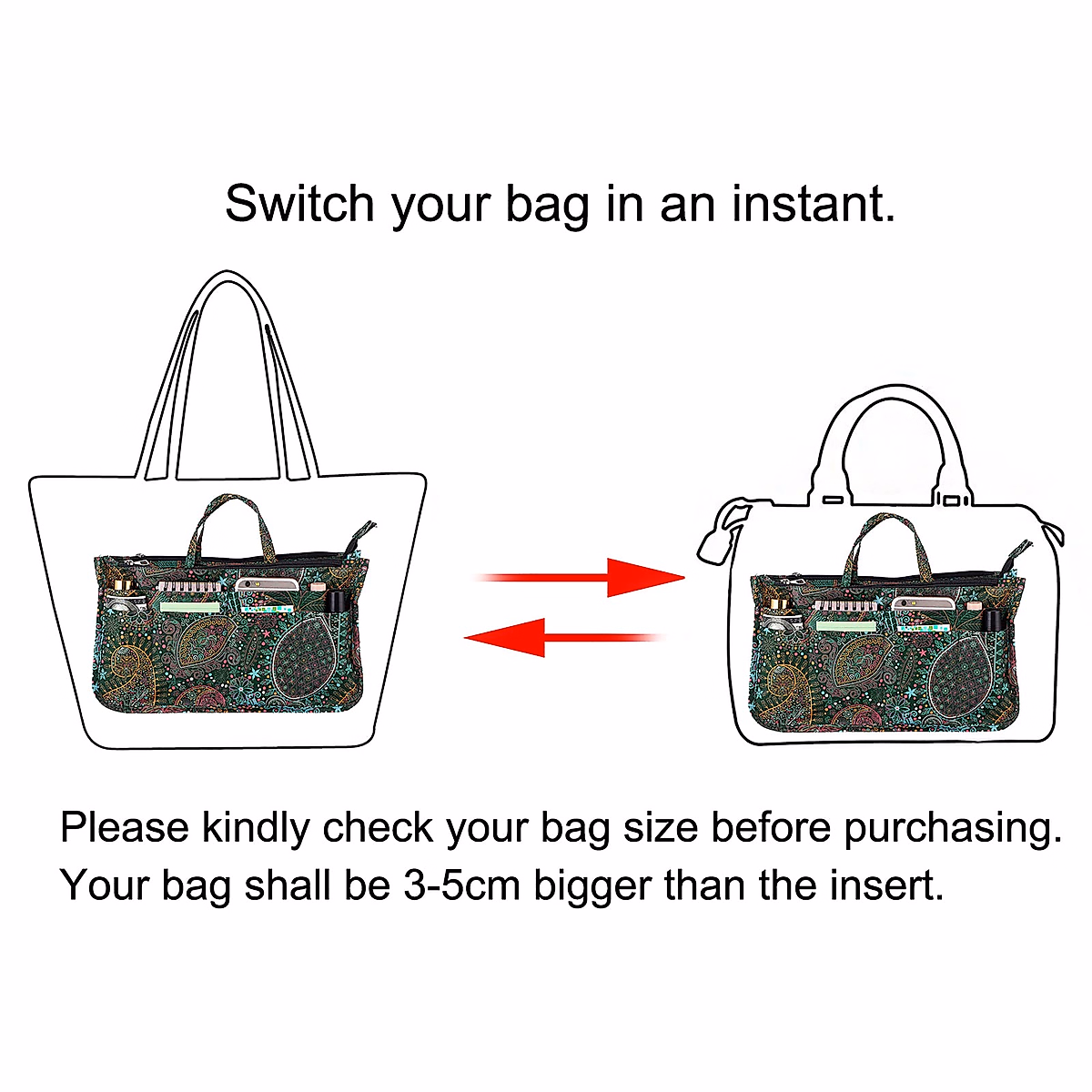 BTSKY Printing Handbag Organizers Inside Purse Insert - High Capacity 13 Pockets Bag Tote Organizer with Handle (Green Lotus)