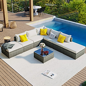 8-Pieces Outdoor PE Wicker Sectional Sofa Set, Outdoor Patio Furniture Sets with Coffee Table and Water Resistance Cushions, All-Weather Conversation Set for Garden Backyard Patio (Beige)