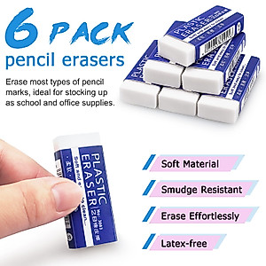 Tamaki 6 Pack Pencil Erasers, Large White Erasers for School Office, Art Erasers for Drawing