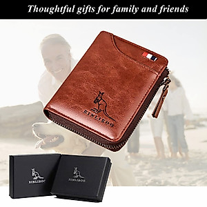 Leather Wallet for Men with Zipper, RFID Blocking Bifold Wallets with Card Holder & Money Clip Cartera Para Hombre(Brown)