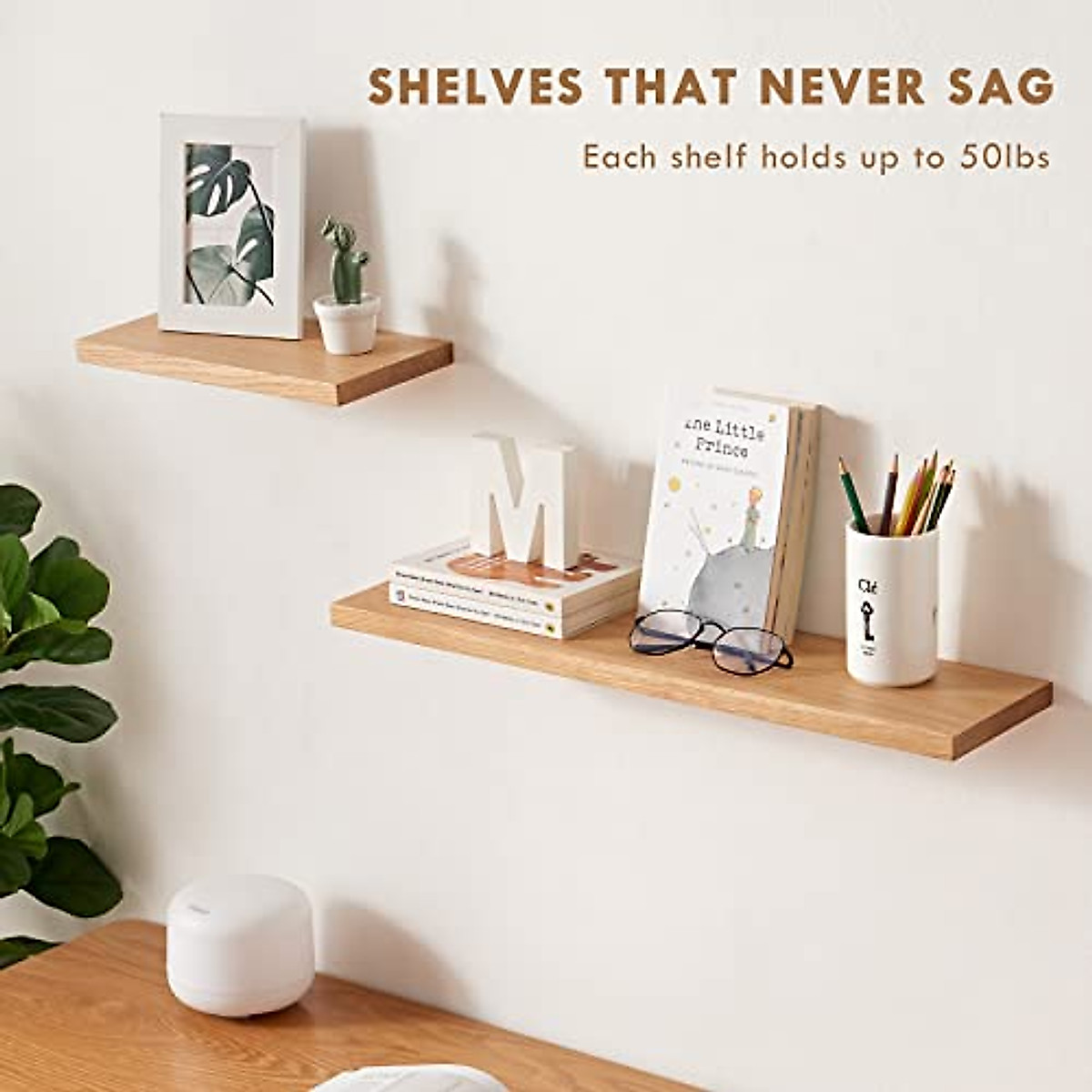 INMAN Floating Shelves for Wall 12 inches Natural Oak Wood Wall Shelves, Wall Mounted Solid Wood Shelf Display Storage Rack for Living Room, Bedroom, Kitchen, Bathroom Decor