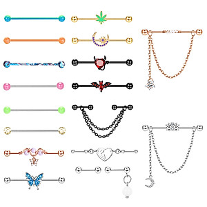 Sanfenly Industrial Piercing Jewelry 14G Stainless Steel Industrial Barbell Earrings with Chain Dangle Industrial Bar Piercing Cartilage Helix Industrial Earrings for Women Men