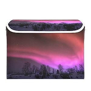 Kigai Aurora Borealis Purple Pink Storage Baskets for Shelves Foldable Closet Basket Storage Bins with Lid for Clothes Home Office Toys Organizers