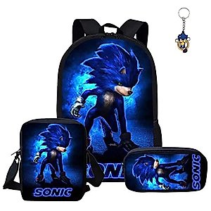 GDFENDU 3 Pcs Anime Hedgehog Backpack with Keychain,16in Teens Travel Laptop Backpack Boy Girl School Bookbag. (C)