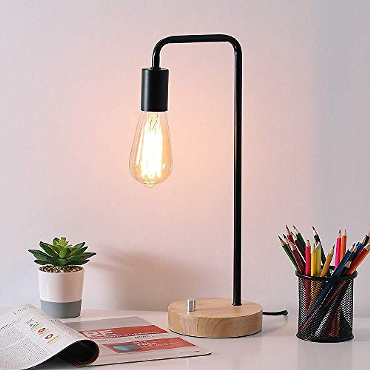 HAITRAL Industrial Desk Lamp, Vintage Edison Bulb Table Lamp for Dorm, Office, Bedroom, Living Room - Black (Without Bulb)