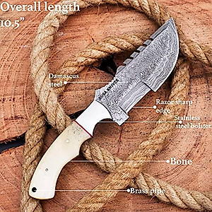 SUSA KNIVES Handmade Damascus Tracker Knife with Bone Handle - Survival Knife - Camping Knife - Damascus Steel Knife - Damascus Hunting Knife with Sheath Horizontal Carry Fixed Blade Knife (WHITE)