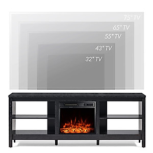 WAMPAT Fireplace TV Stand for TVs Up to 75 Inch with RBG LED Light, Farmhouse Wood Electric Fireplace Entertainment Center with 4 Storages for Living Room Bedroom, Black