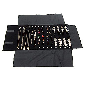 LFHT Velet Travel Jewelry Case Roll Bag Organizer for Necklace Bracelet Earrings Ring, Foldable Jewelry Display Showcase for Shows or Home Storage (Black)