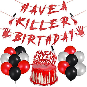 Red Have A Killer Birthday Banner and Killer Birthday Cake Topper Balloons, Halloween Horror Birthday Banner for Have a Killer Birthday Decorations Halloween Horror Movie Birthday Party Decorations