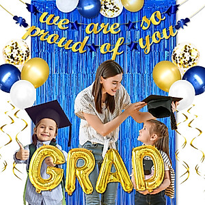2022 Graduation Party Decorations-Blue and Gold We Are So Proud Of You Banner, Congrats Grad Balloon Foil Curtain Backdrop Party Supplies, Photo Prop for Indoor Outdoor Home High School, College