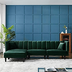 Reversible SECTIONAL Sofa Sleeper with 2 Pillows Dark Green Velvet