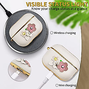 V-MORO for Airpods Pro 2nd Generation Case, Flower AirPod Pro 2 Leather Case Protective Floral Hard iPod Pro 2 Case for Women Men with Keychain for Airpods Pro 2(2022), Rice White