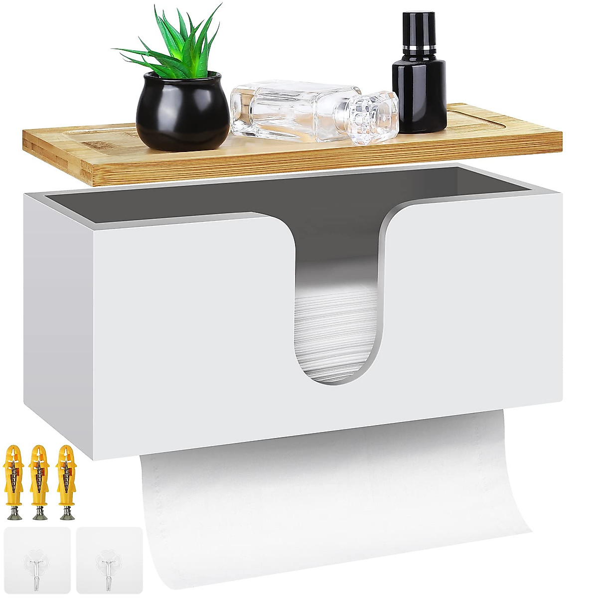 TURSTIN Wood Paper Towel Dispenser Folded Paper Towel Holder with Lid for Countertop and Wall Mounted, Wall Mount Paper Towel Holder Napkin Holder for Home. Bathroom, Kitchen, White