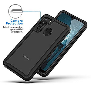 TJS Compatible with Samsung Galaxy A21 Case, Dual Layer Heavy Duty Shockproof Rugged Hybrid Hard Phone Case Drop Protector Back Cover (Black)
