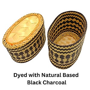 Bamboo Sticky Rice Serving Basket 6 x 3.7 Inch, Kratip, Intricately Woven Container, Oval-Shaped Pattern, Thailand Handmade, Dyed with Natural Based Black Charcoal (Mini Heart) (Double Square)