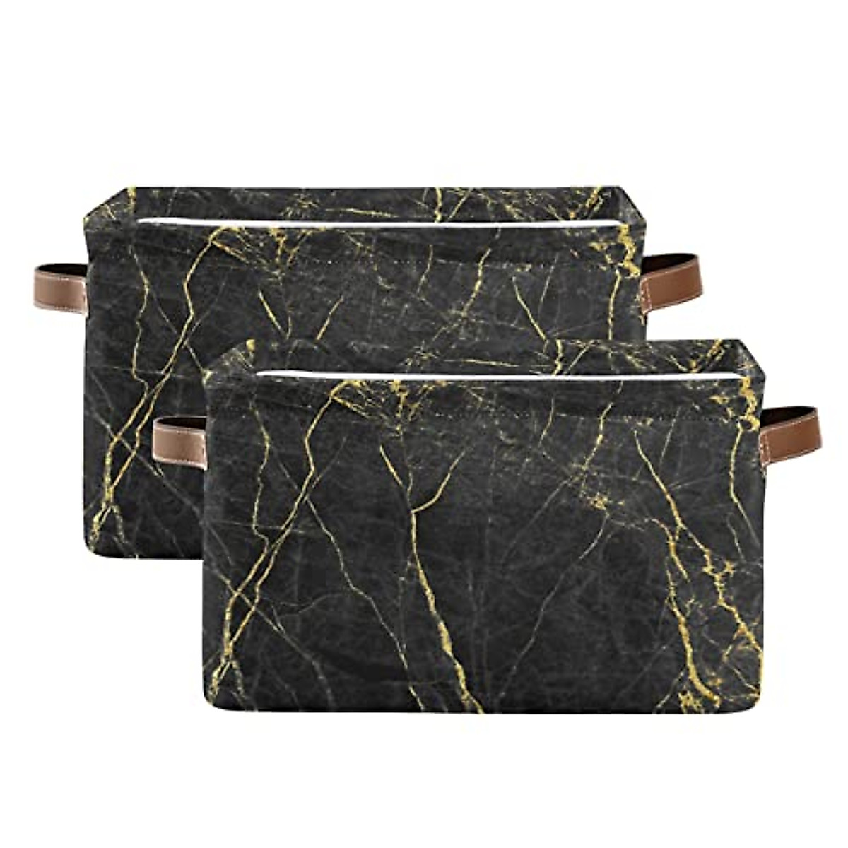 WELLDAY 2PCS Storage Basket Black Gold Marble Pattern Large Foldable Storage Bin Cube Collapsible Organizer