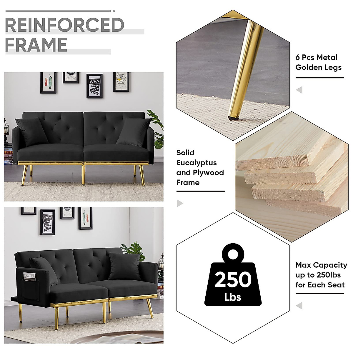 Antetek Convertible Futon Sofa Bed, 59-inch Modern Velvet Sleeper Sofa Small Loveseat with Two Pillows, 3 Adjustable Positions and 6 Golden Metal Legs Furniture for Living Room and Bedroom, Black