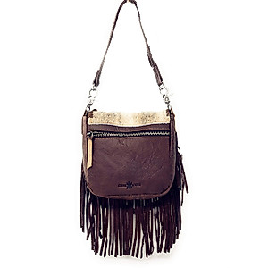 Western Genuine Tooled Leather Cowhide Fur Fringe Women's Crossbody Chian Bag/Purse (Beige)
