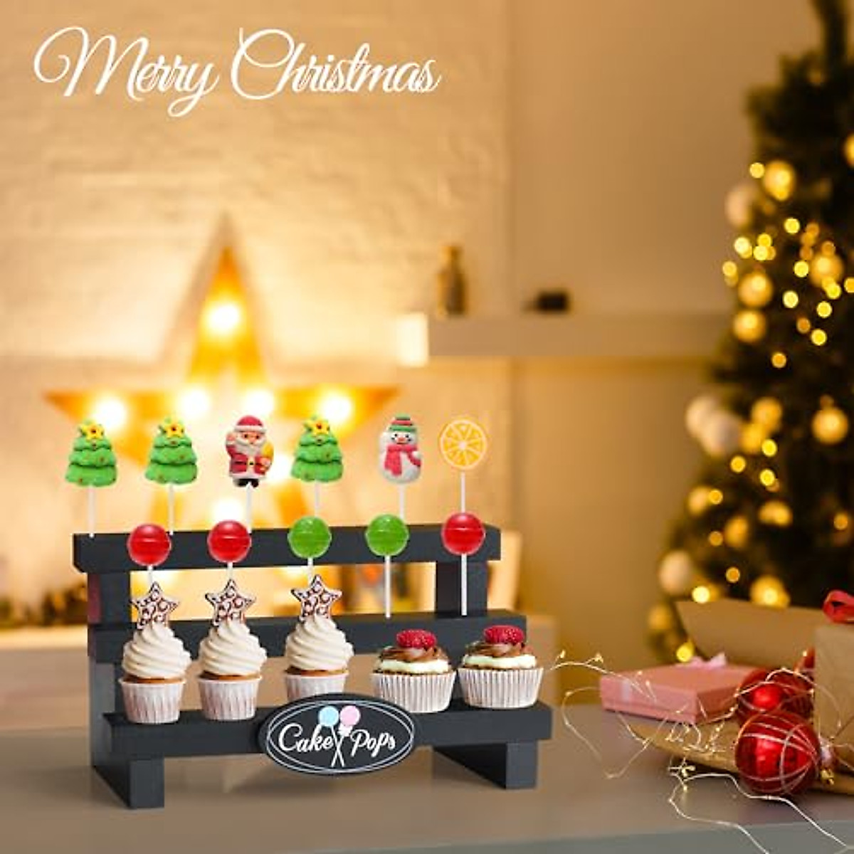 Y&ME YM Cake Pop Stand, 3-Tier Cake Pop Holder with Decor Sign, Lollipop Stand for Dessert Display, 17 Holes Cakepops Stick Stand, Wood Cake Stand for Wedding/Birthday/Baby Shower/Party (Black)