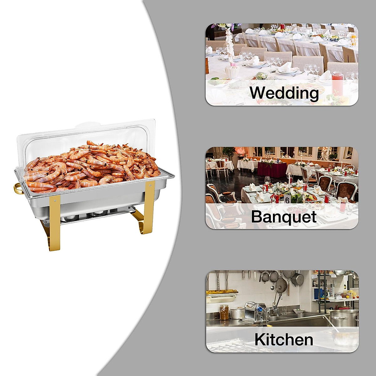 Restlrious Chafing Dish Buffet Set with Roll Top Plastic Cover 2 Pack, Stainless Steel 8 QT Rectangular Chafers and Buffet Warmers Complete Set w/Food Pan Water Pan, Fuel Holder in Gold Accent