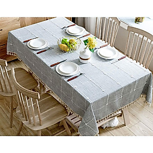 Bettery Home Cotton Linen Rectangular Tablecloth Tassel Plaid Table Cloth for Dining Kitchen Room Tabletop Decoration, 36" x 52" Grey
