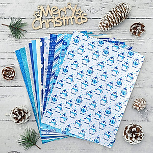 Whaline 12Pcs Winter Faux Leather Sheet Blue White Synthetic Leather Snowflake Snowman Penguin Sweater Pattern Glitter Fabric Crafts for Christmas Earring Hair Bow Craft Gift DIY, 8.3 x 6.3 Inch