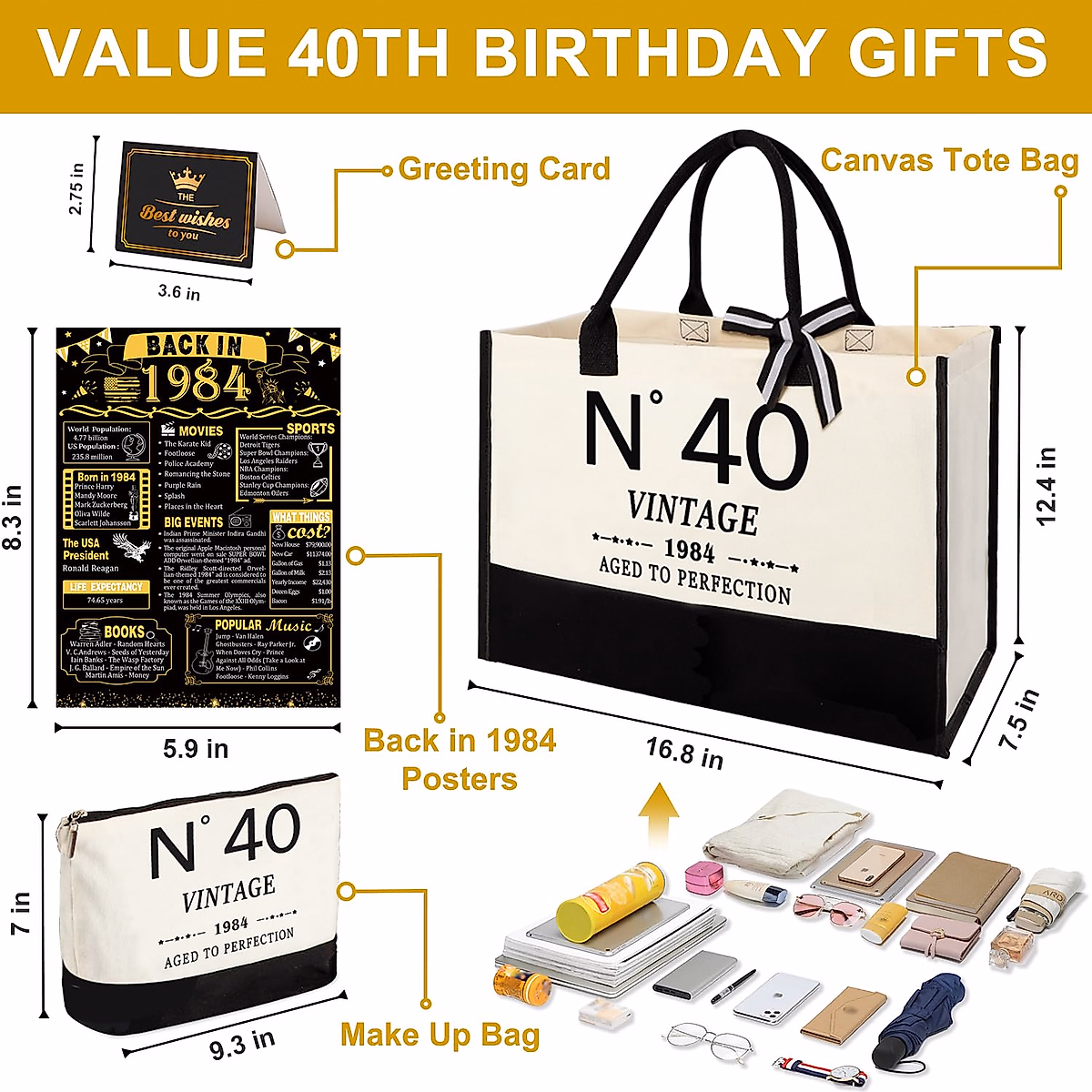 40th Birthday Gifts for Women Canvas Tote Bag Travel Gear, Unique 40 Years Old Birthday Gifts for Her Mom Wife Aunt Friends Turning 40, Vintage N40 Beach Bag & Cosmetic Bag & Back in 1984 Poster
