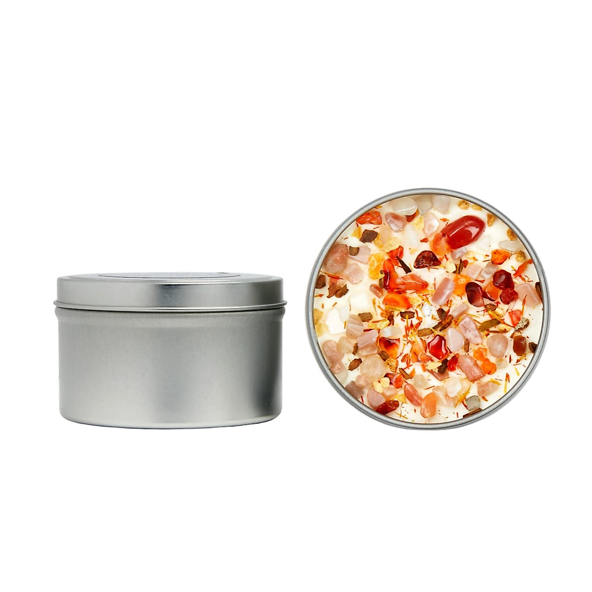 Sacral Chakra Candle by New Moon Beginnings - Chakra Candles - Dried Flower, Herb, & Crystal Candles - Aromatherapy Candles - Soy Candle - 8oz Tin