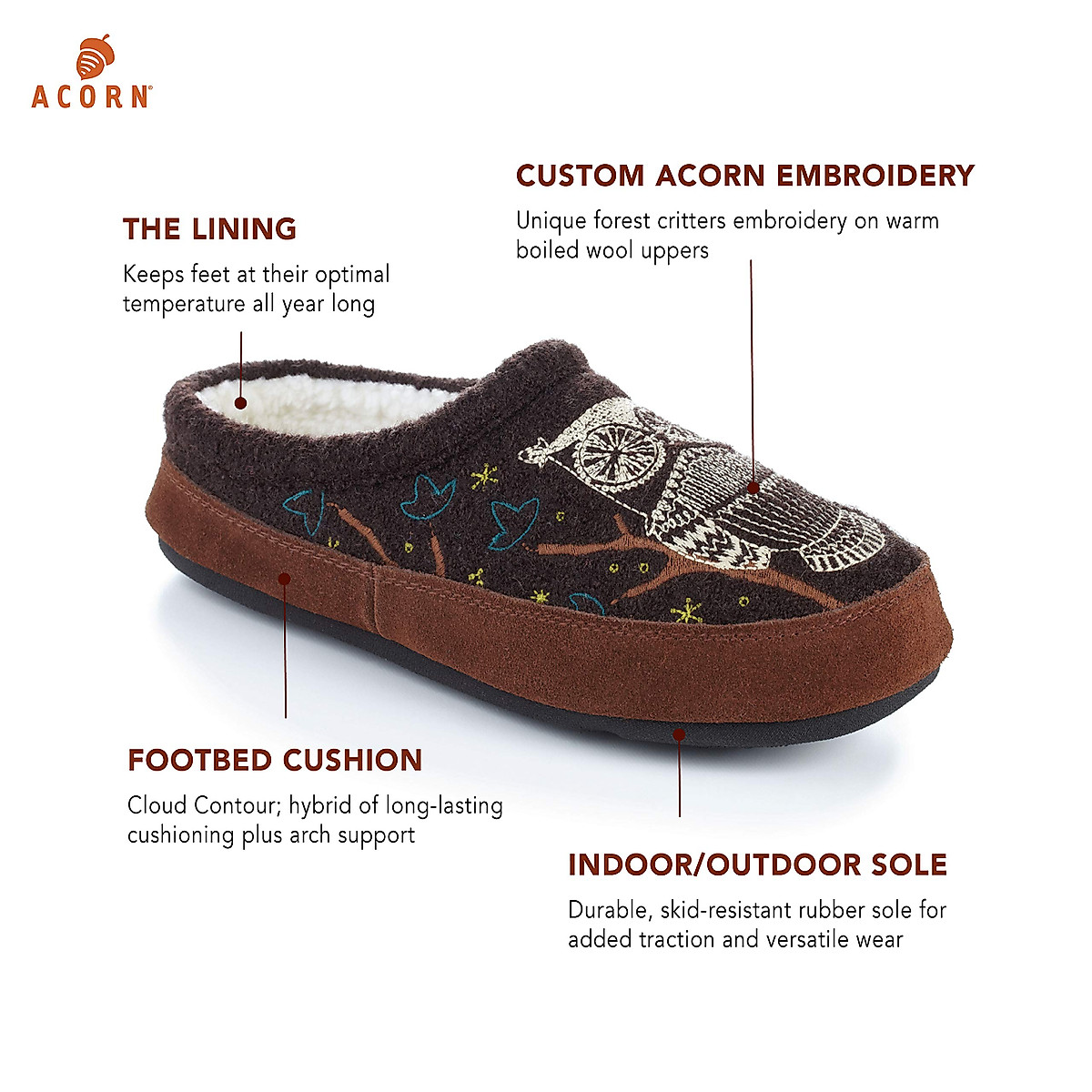 Acorn Women's Slipper with Berber Lining, Suede Siding and Durable Non-Slip Indoor/Outdoor Sole, Chocolate, 8-9