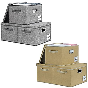 LHZK Large Storage Bins with Lids 6 Pack, Linen Fabric Storage Boxes with Lids, Foldable Storage Baskets with 3 Handles and Label Window for Shelves Bedroom Closet Office (15x11x9.6,Grey,Beige)