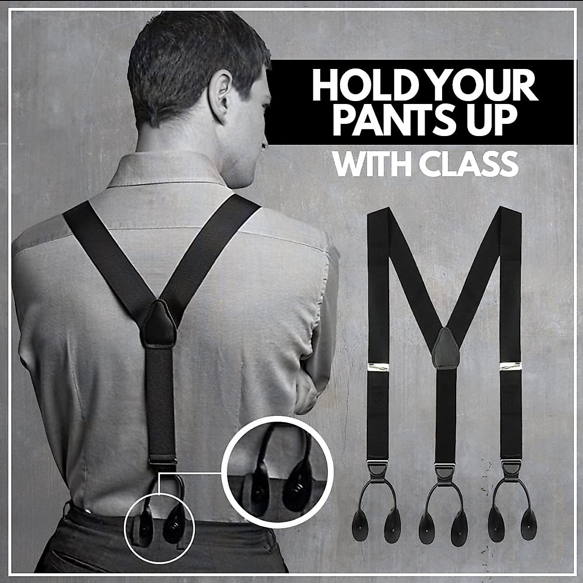 HOLD'EM Suspender for Men MADE IN USA – Y-Back Genuine Leather Trimmed Button End Non-Stretch Tuxedo Suspenders -Black