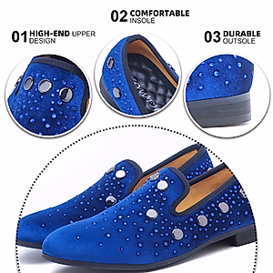 XQWFH Mens Velvet Rhinestone Designer Dress Loafers for Wedding Party Penny Slip-On Glitter Fashion Tuxedo Shoes (Blue)