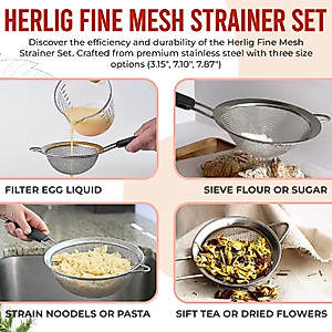 Herlig™ Fine Mesh Strainer Set - Pack of 3 Rust Proof Stainless Steel Mesh Strainer with Handle, Kitchen Food Strainer Steel Mesh Strainer Set of 3, 3.15", 7.10", 7.87"