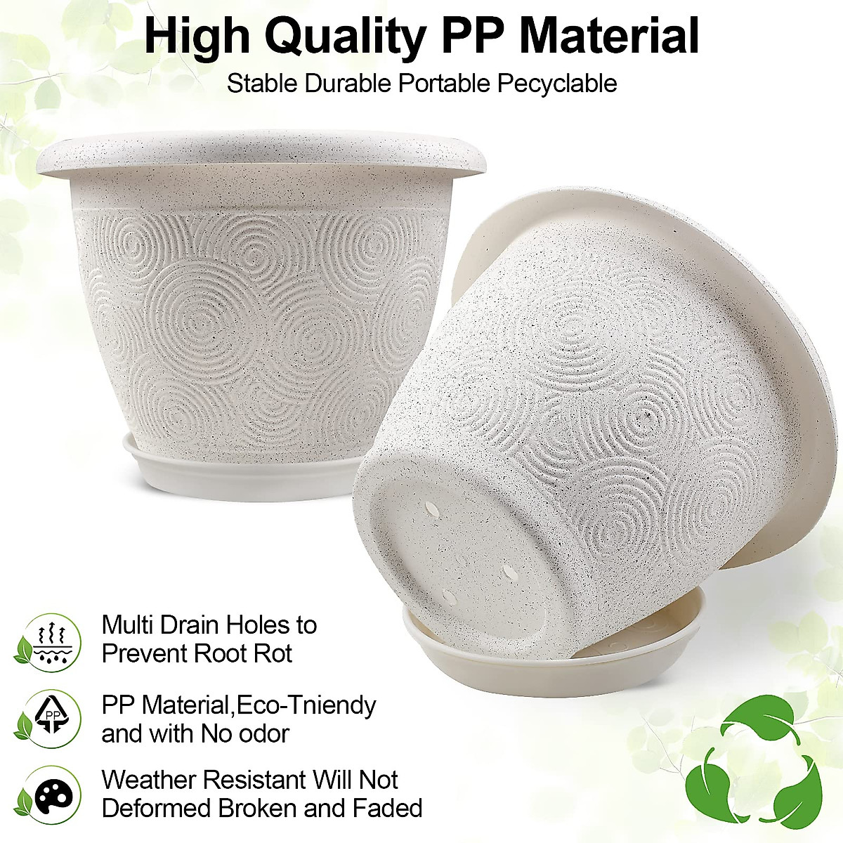 Fodetyff 9 Inch White Planter Pots, 2 Pack, Indoor Outdoor Usage, Drainage Tray, Sturdy Resin Material, Rolled Rim, Suitable for House Plants, Cactus