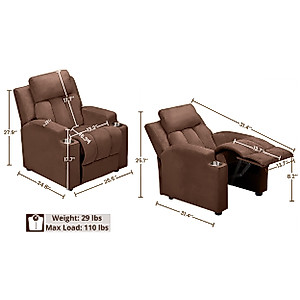 Sally Deluxe Kids Recliner Chair with Footrest & 2 Cup Holders, Push Back Toddler Recliner for Ages 3+, Perfect Kid Recliners for Boys & Girls - Ideal Recliner Chairs for Toddlers, Kids Room - Brown