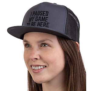 Ann Arbor T-shirt Co. I Paused My Game to Be Here | Funny Video Gamer Humor Joke for Men Women Hat Cap-(Trucker, 2 Tone) Grey/Black