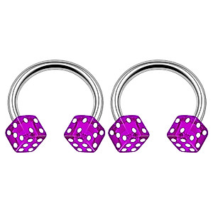 BanaVega 2PCS Surgical Steel Purple Horseshoe Hoop 14 Gauge 3/8 10mm 4mm Dice Acrylic Helix Rim Earrings Labret Piercing Jewelry 3206