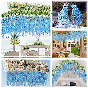 Ranslen 48 Pieces Artificial Wisteria Flower Hanging Silk Garland Vine Ratta Wedding Decor String Home Party Garden Outdoor Decoration Supplies (Blue, 48)