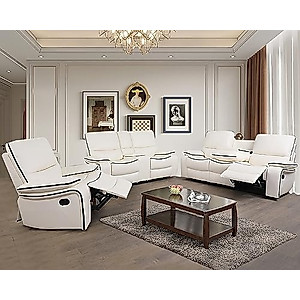 GEBADOL Manual Leather Sofa Set, Living Room Furniture Set,Leather Recliner Couch Set for Living Room/Apartment/Office(Sofa+Loveseat+Chair, 3 Pieces Leather Couch Set) Cream White