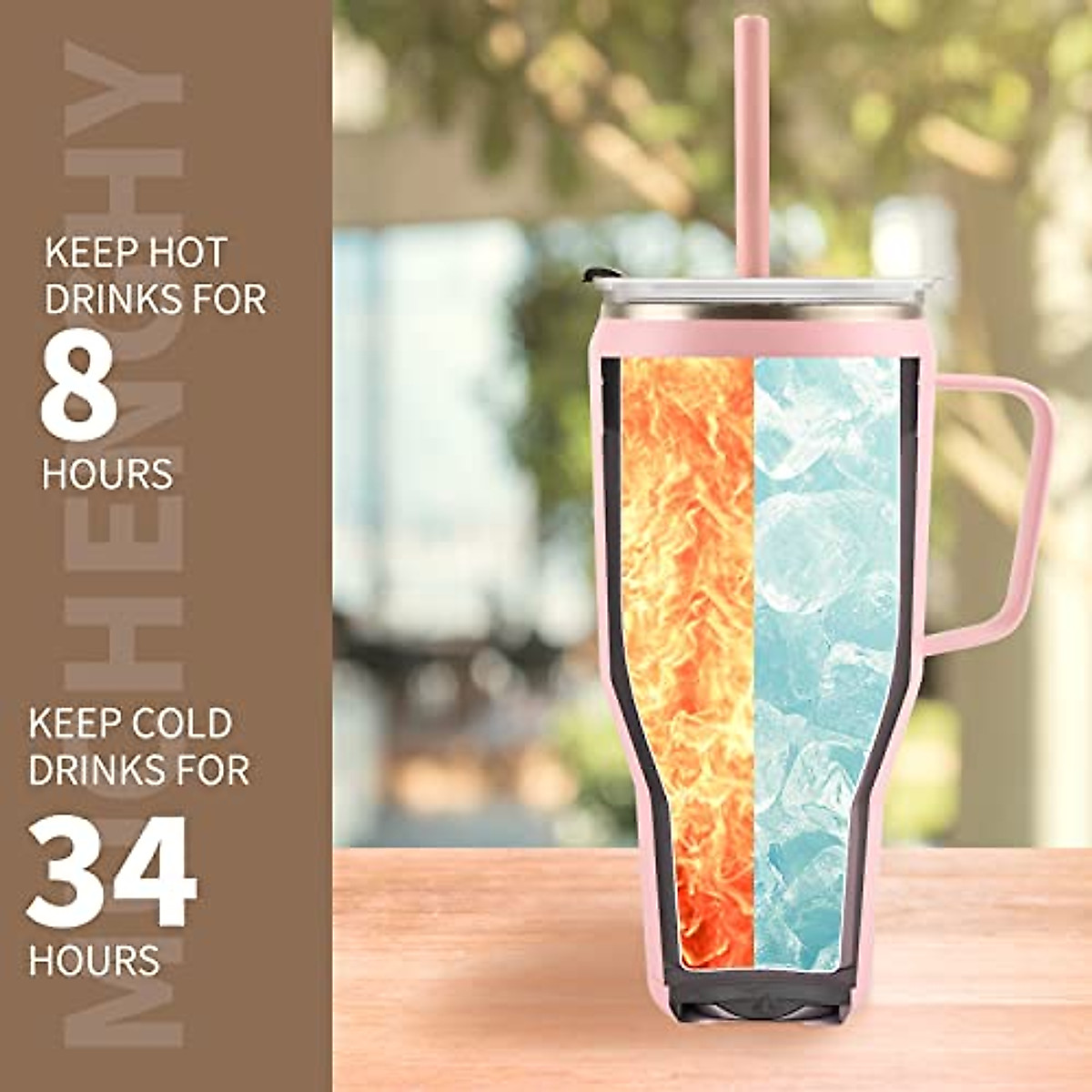 MUCHENGHY 40 oz Tumbler with Handle and Straw Lid, Leak Proof Double Vacuum Stainless Steel Tumblers Insulated Travel Coffee Mug with Lids Pink