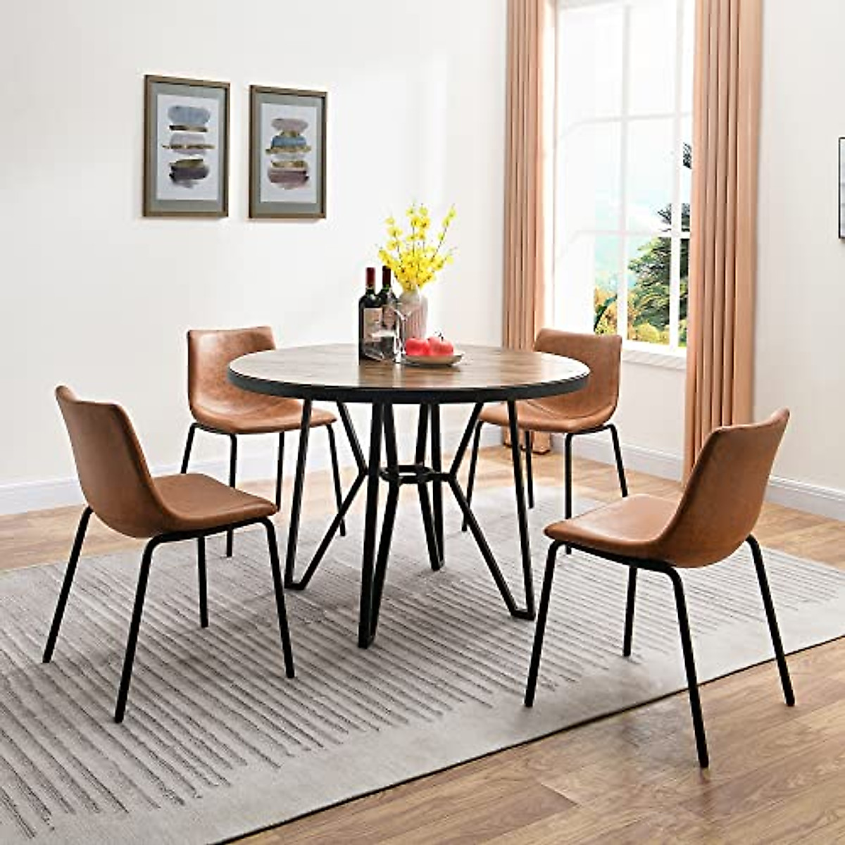 JESONVID Round Industrial Wood Dining Room Table for 6 Person 48in Mid Century Kitchen Dining Table with Black Metal Frame and Metal Eedge, Antique Brown+Black 201248RC