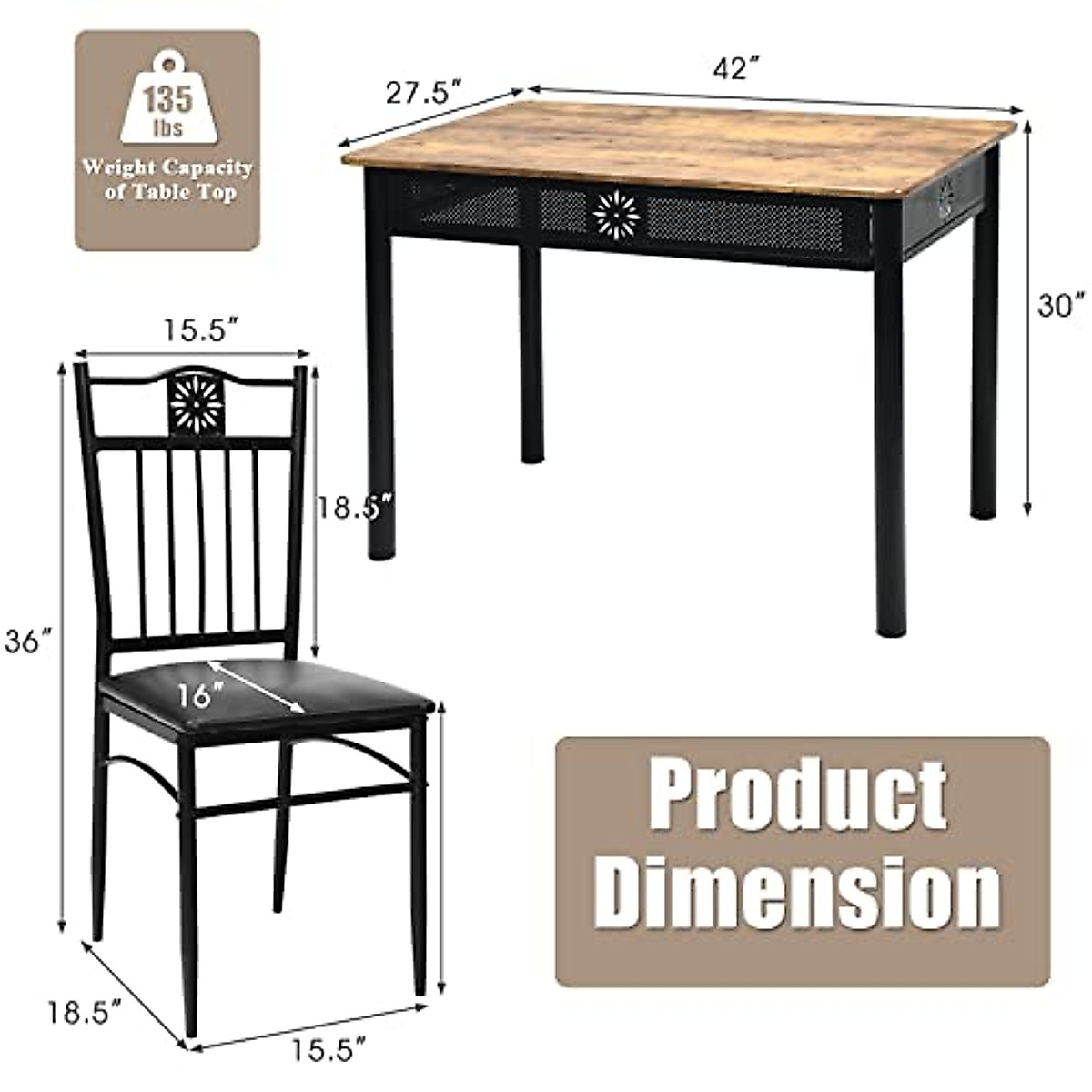 Tangkula 5 Pieces Dining Table and Chairs Set, Vintage Retro Wood Top Metal Frame Padded Seat Dining Table Set Home Kitchen Dining Room Furniture