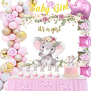 Baby Shower Party Supplies Decorations for Girl - Baby Girl Banner, Latex Balloons, Square Balloons, Elephant Foil Balloon, Pink Elephant Cut-Outs, Toppers, and Backdrop for Baby Shower Birthday Party