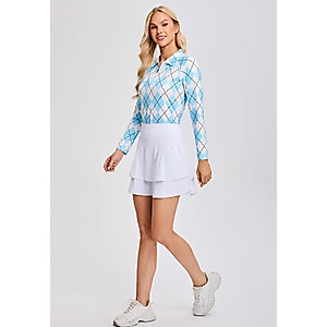 Women Long Sleeve Moisture Wicking Sport Golf Polo Shirt Tops（Blue Plaid,S