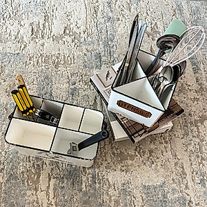 YOOGAR Metal Storage Caddy with 4 Compartments and Handle, Farmhouse Utensil Organizer for Kitchen, Distressed White and Black