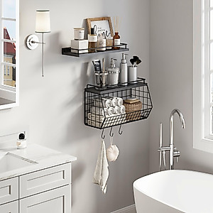 MVPSONAG Bathroom Shelves Over Toilet Wall Mounted Floating Shelves with Wire Basket and Hooks Metal Shelf Organizer for Bathroom, Bedroom, Living Room, Kitchen, Home Storage