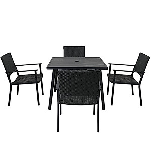 Outdoor Patio PE Wicker 5-Piece Dining Table Set with Umbrella Hole Garden