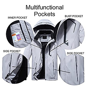 Pooluly Men's Ski Jacket Warm Winter Waterproof Windbreaker Hooded Raincoat Snowboarding Jackets Light Gray-2XL