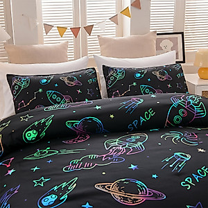 Aimuan Space Bedding Twin Bed Comforter Kids Rocket Bedding Set Super Soft & Cute Aliens UFO Printed for Boys Girls Teen (Black, Twin)