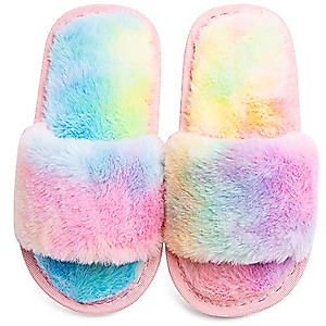 techcity Boys Girls Fuzzy House Slippers Cute Comfy Faux Fur Slip On Fluffy Plush Open Toe Home Slides for Kids Indoor Outdoor Warm Shoes (Rainbow, numeric_13_point_5)